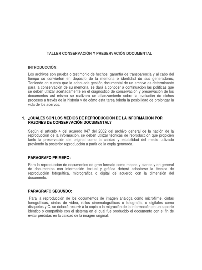 Taller Conservación y Preservación Documental | PDF