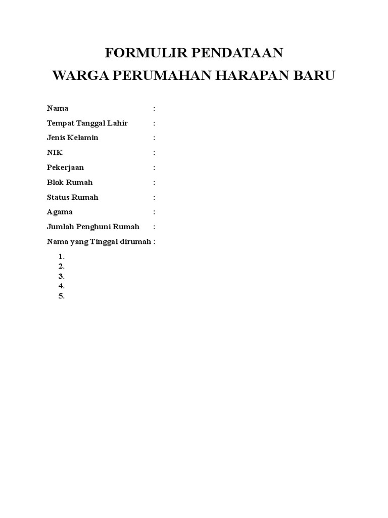 Formulir Pendataan Warga Perumahan Harapan Baru | PDF