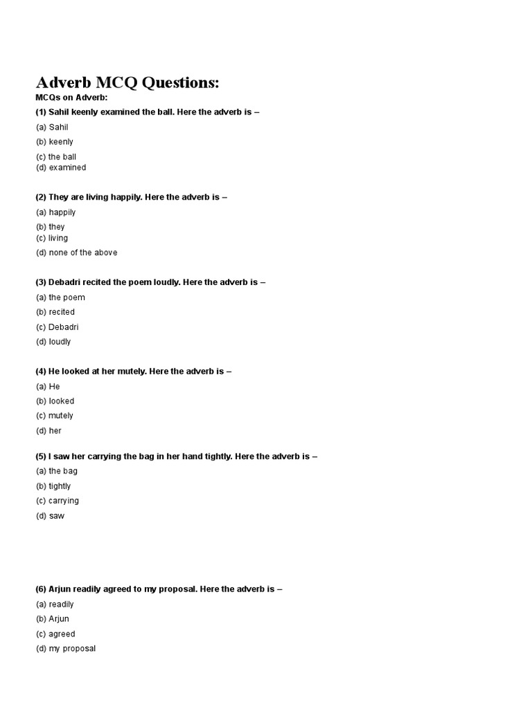 Adverb MCQ Questions by Rashmi | PDF | Language Arts & Discipline ...