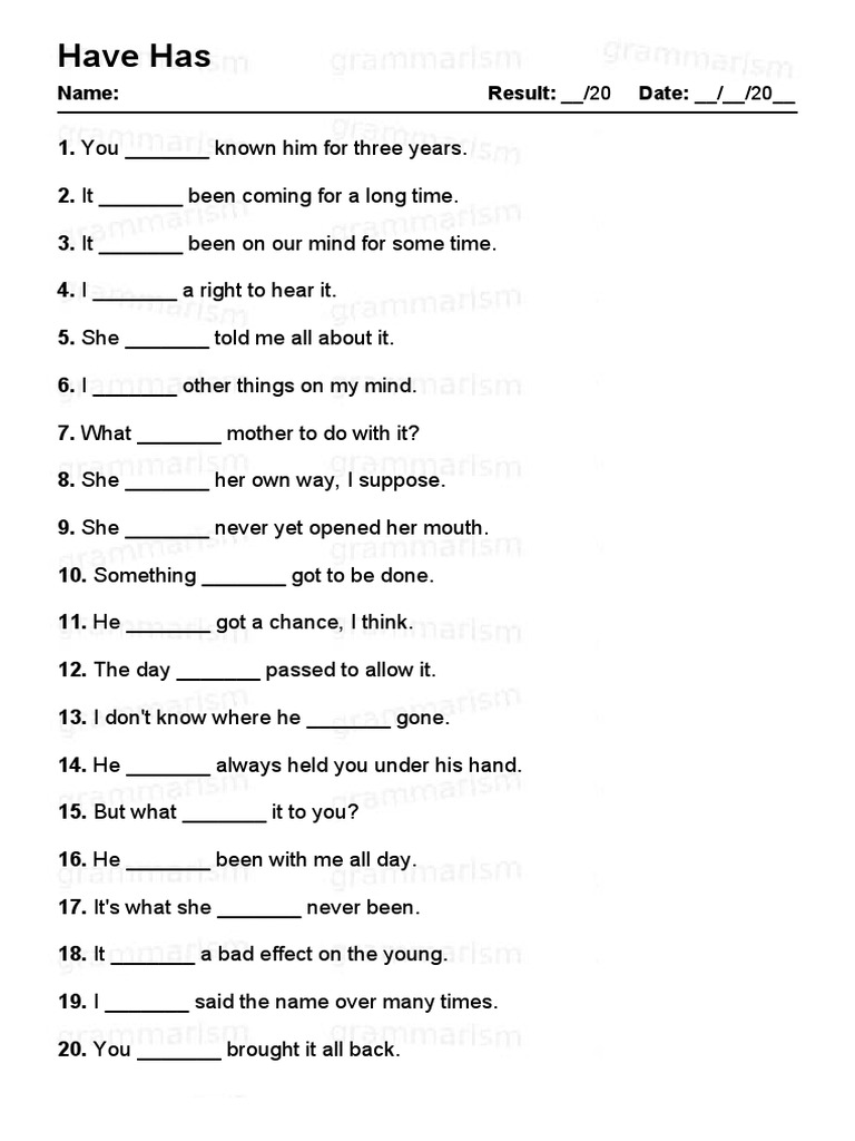 Grammarism Have Has Test 5 1298563 | PDF | Language Arts & Discipline ...