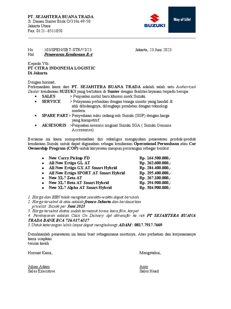 SURAT PENAWARAN MOBIL SUZUKI | PDF
