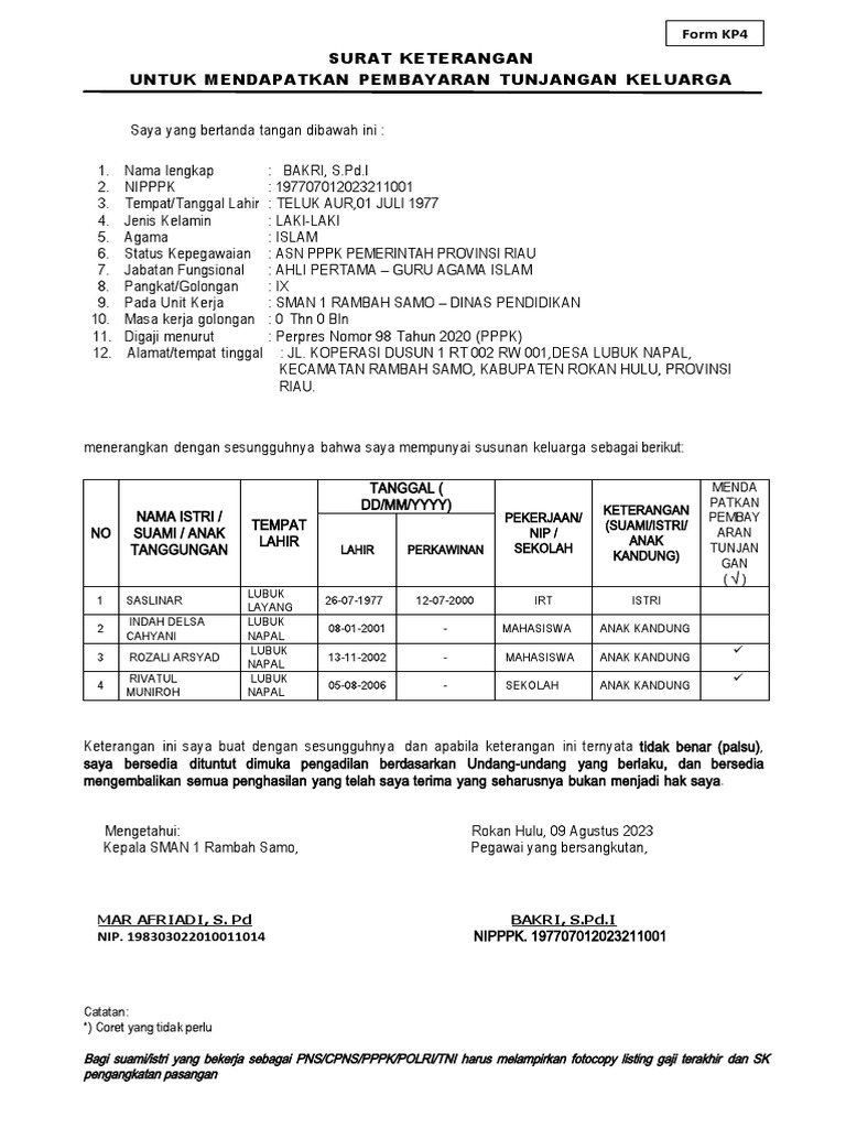 SURAT KETERANGAN - Docx FORM KP 4 BAKRI | PDF
