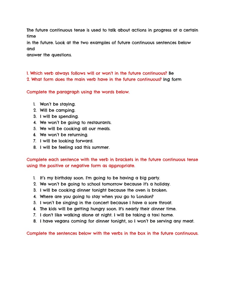 Future Continuous Tense Exercises | PDF | Language Arts & Discipline ...