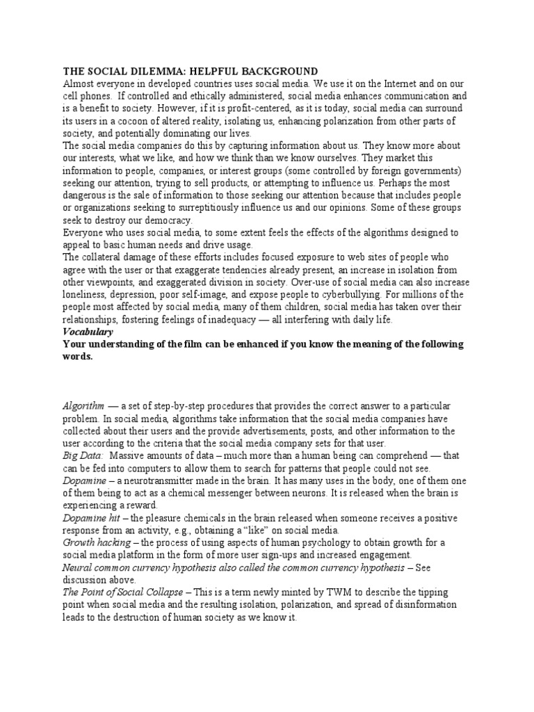 The Social Dilemma Vocab | PDF | Social Media | Popular Culture & Media ...
