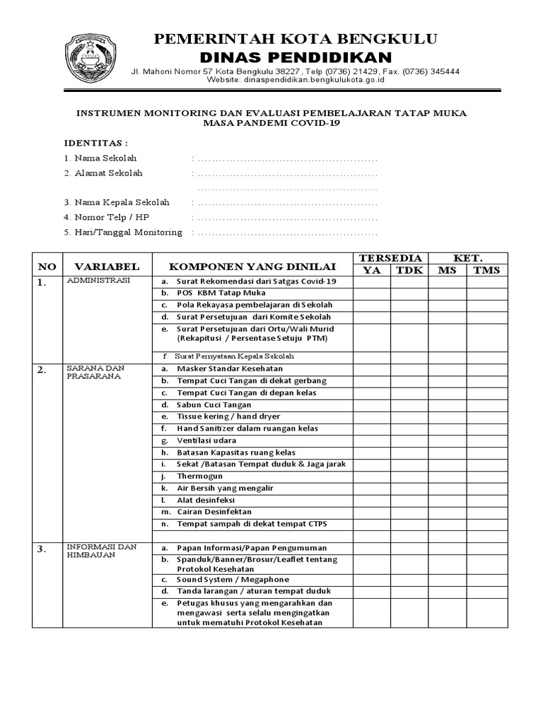 Instrumen Monev PTM Covid-19 | PDF