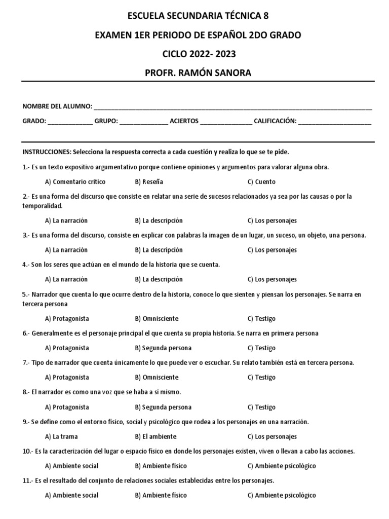 Examen Español 2° Grado 2022-2023 | PDF