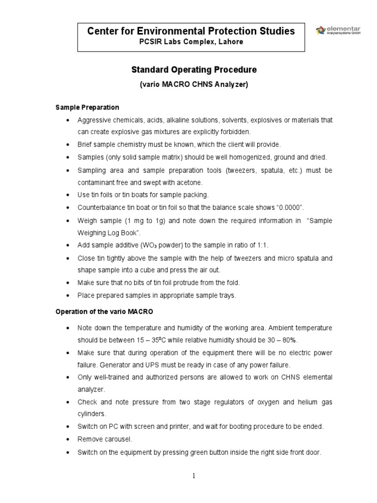 Standard Operating Procedure For CHNS Microcube | PDF