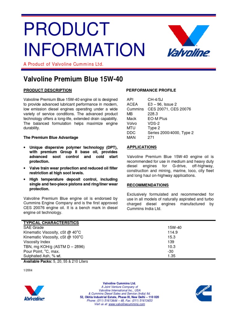 Valvoline Premium Blue Engine Oil | PDF