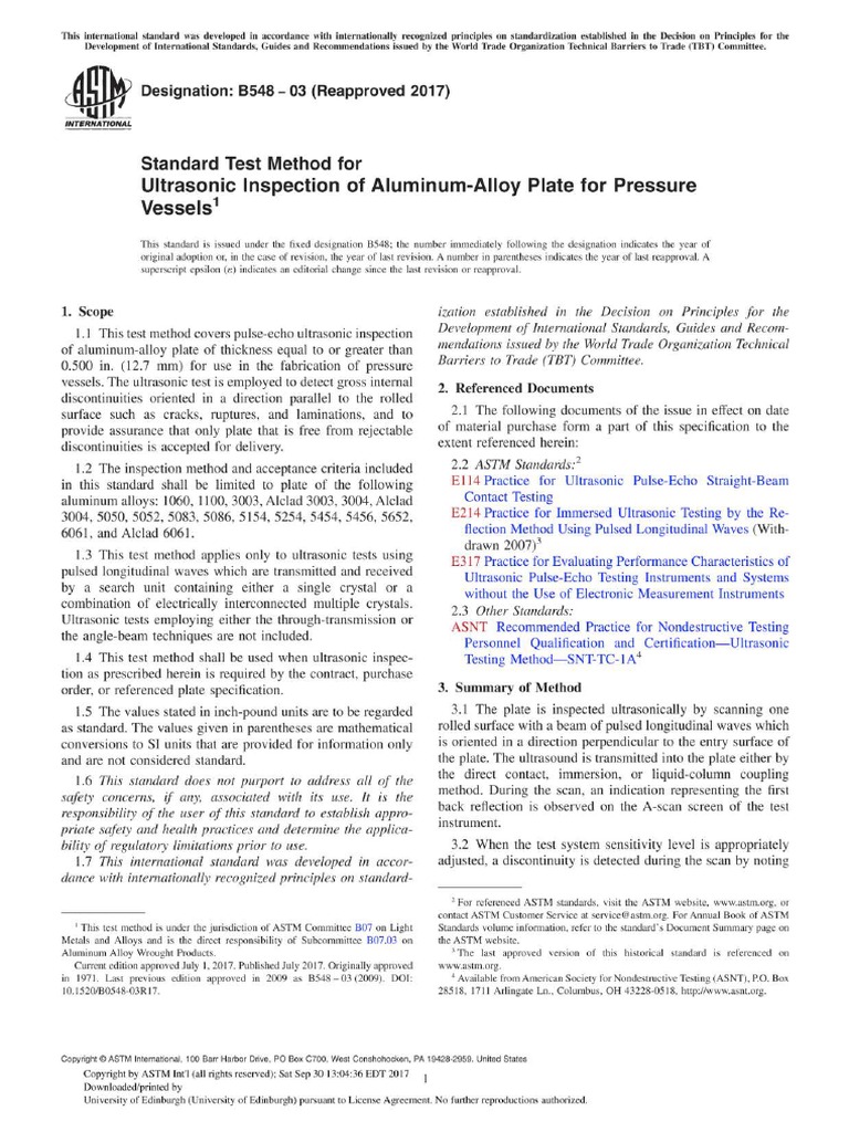 ASTM B548 032017 Standard Test Method For Ultrasonic Inspection of ...