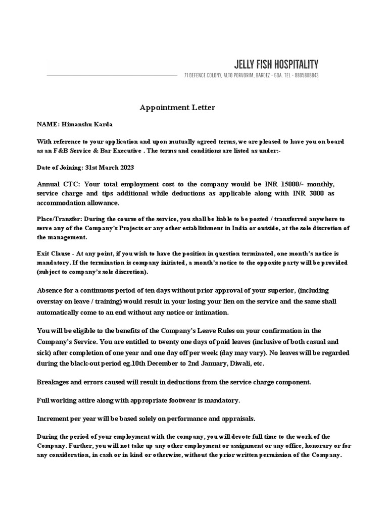 Appointment Letter Toro Toro - Himanshu | PDF | Justice | Crime & Violence
