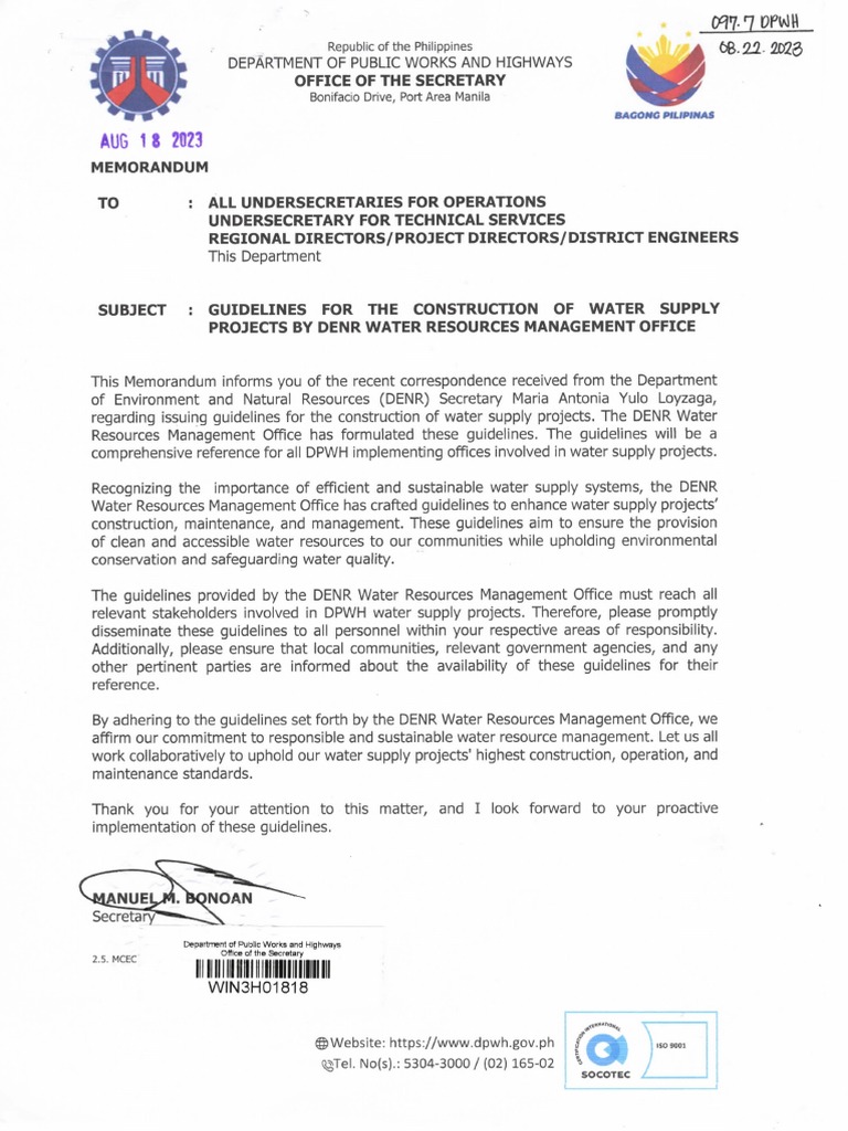 Memo 097.7 - 081823 - Guidelines For The Construction of Water Supply Projects by DENR Water ...
