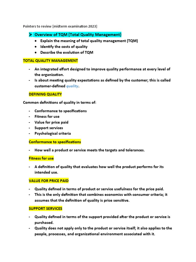 TQM Reviewer | PDF | Quality (Business) | Business Process