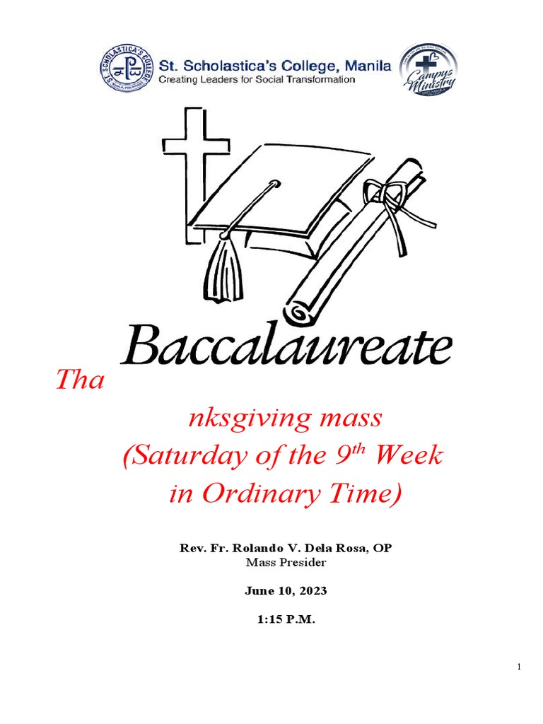 Missal For The Grade 12 Baccalaureate Mass (June 10, 2023) | PDF