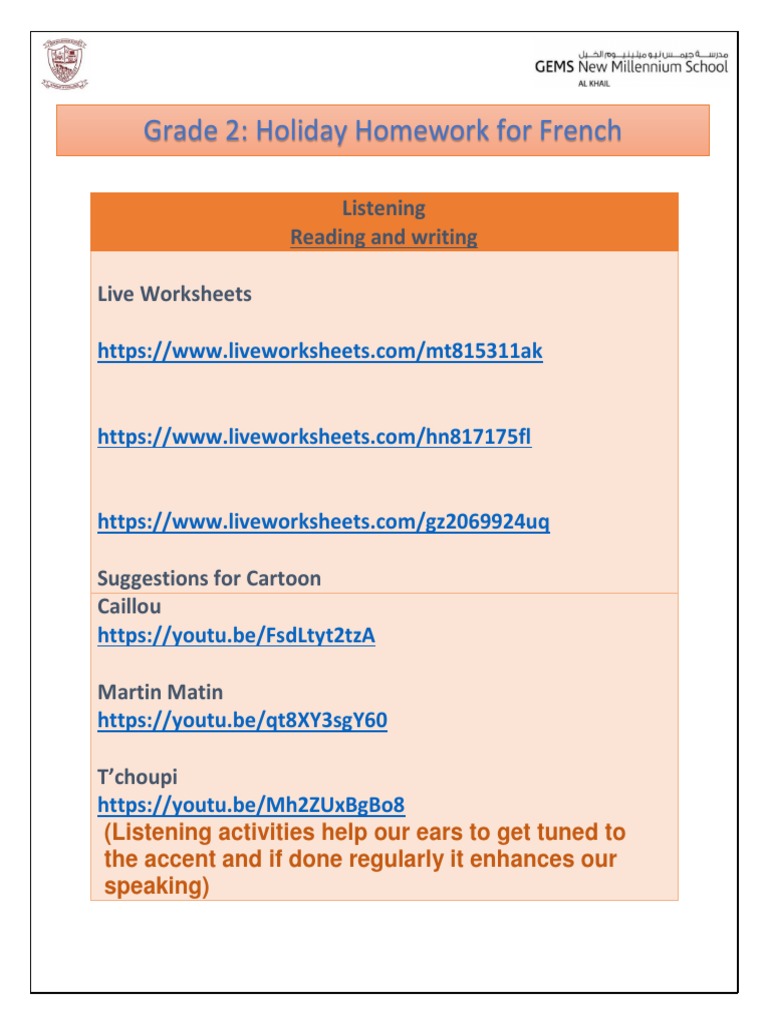 Grade 2 French Summer Assignment | PDF