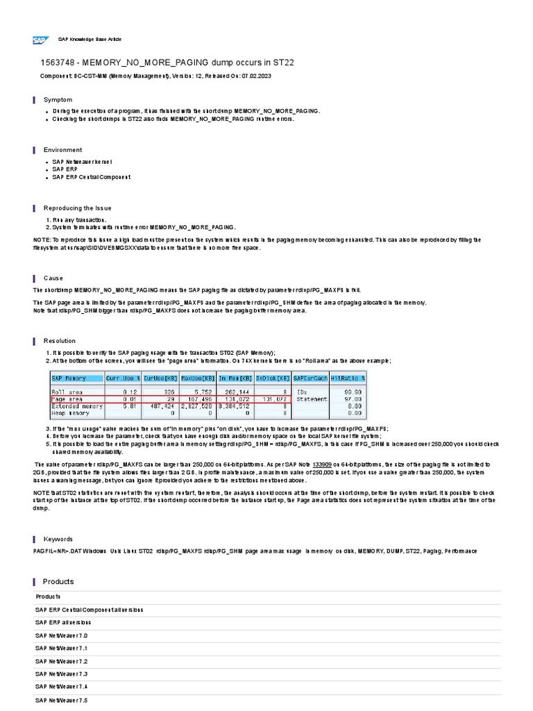 MEMORY - NO - MORE - PAGING Dump Occurs in ST22 | PDF