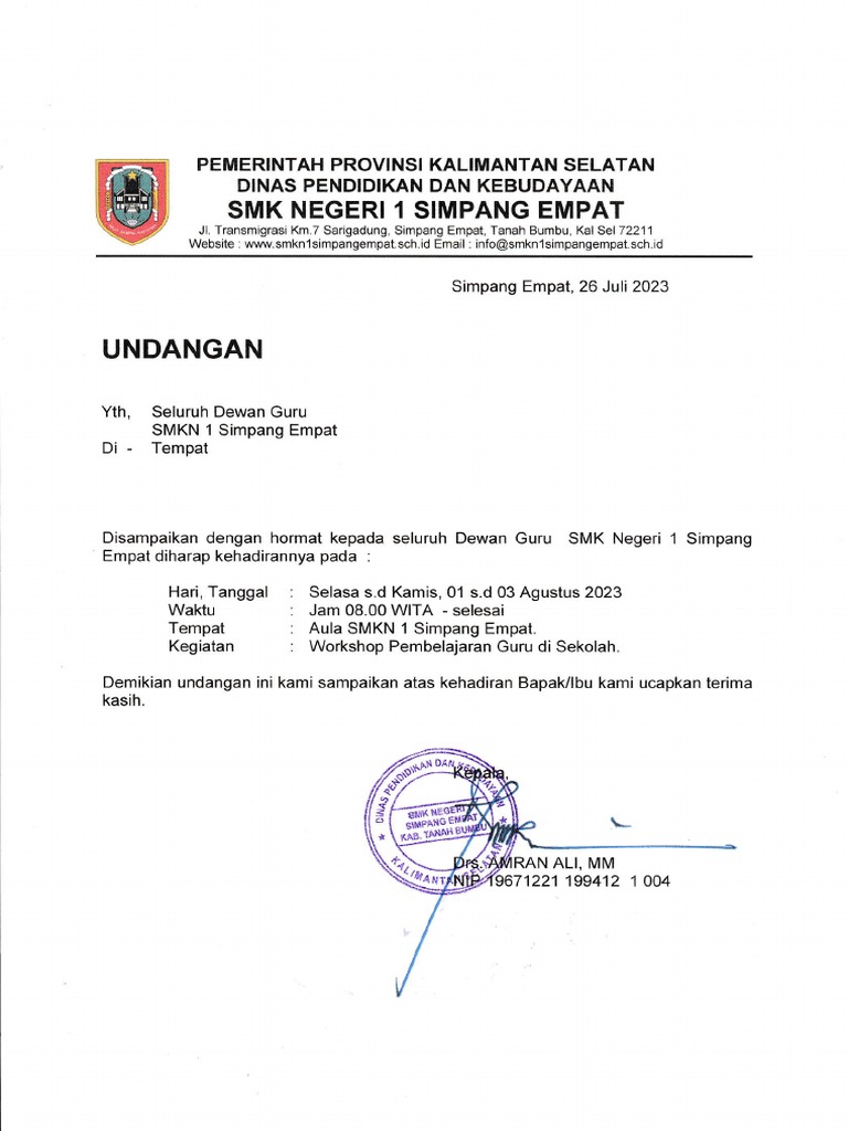 Surat Undangan Workshop Pembelajaran Guru Di Sekolah | PDF