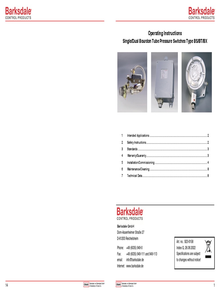 Operating Instructions: Single/Dual Bourdon Tube Pressure Switches Type BS/BT/BX | PDF