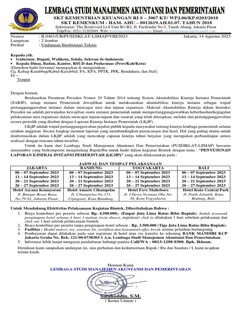 Undangan Bimtek Penyusunan Laporan Kinerja Instansi Pemerintah (Lkjip) | PDF