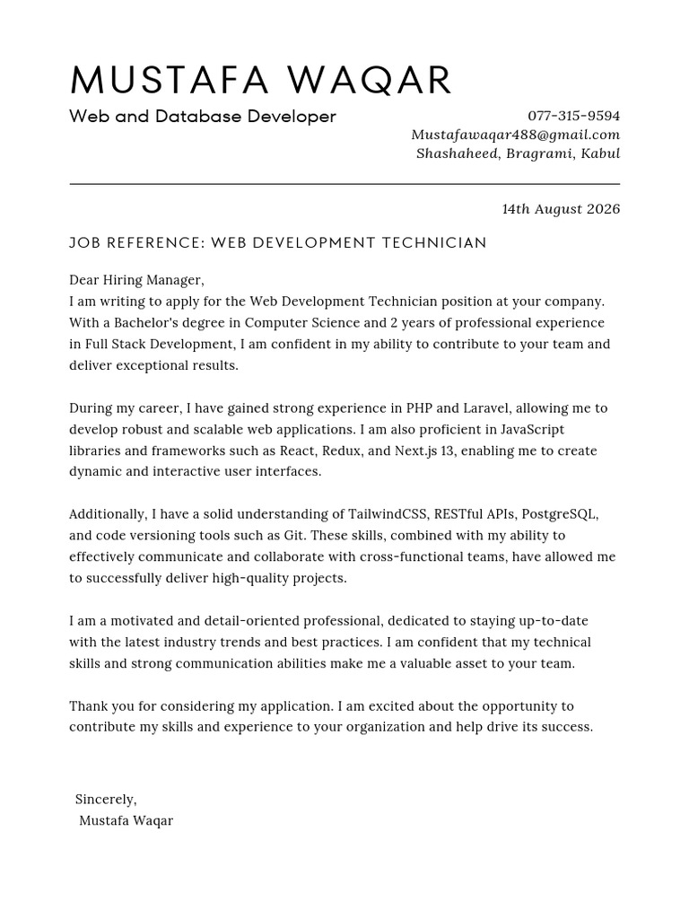 Web Developer Cover Letter Sample | PDF | World Wide Web | Internet & Web