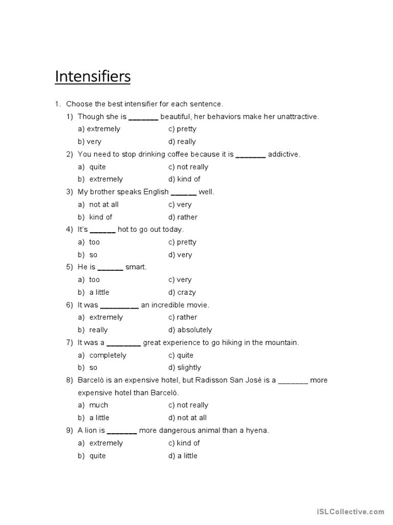 Intensifiers Exercises | PDF