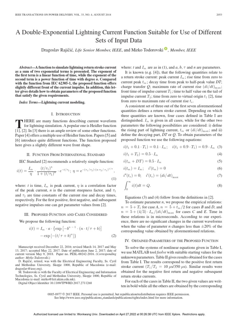 Double-Exponential Lightning Current Model | PDF | Science & Mathematics
