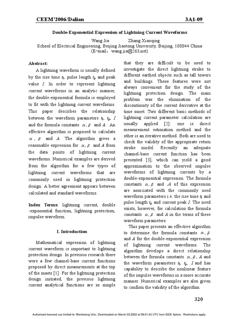 Double-Exponential Expression of Lightning Current Waveforms | PDF | Lightning | Approximation