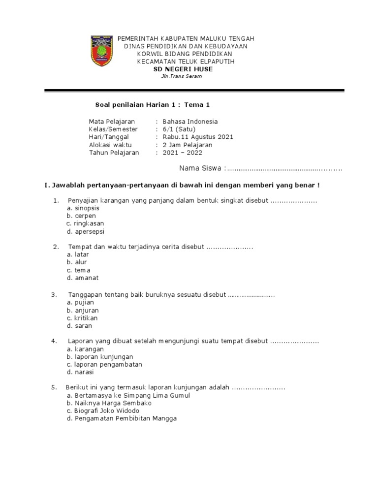 Soal Uas Bahasa Indonesia Kelas 6 SMTR 1 (01) | PDF
