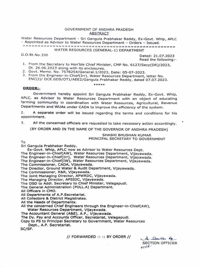 Appointment of Gangula Prabhakar Reddy as Water Advisor | PDF