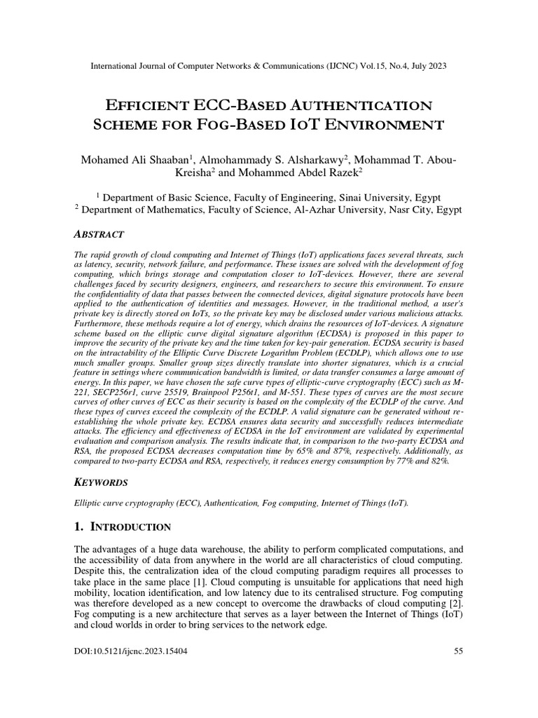Efficient ECC-Based Authentication Scheme for Fog-Based IoT Environment | PDF