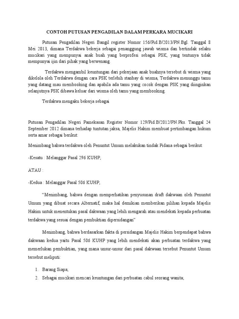 CONTOH PUTUSAN PENGADILAN DALAM PERKARA MUCIKARI | PDF