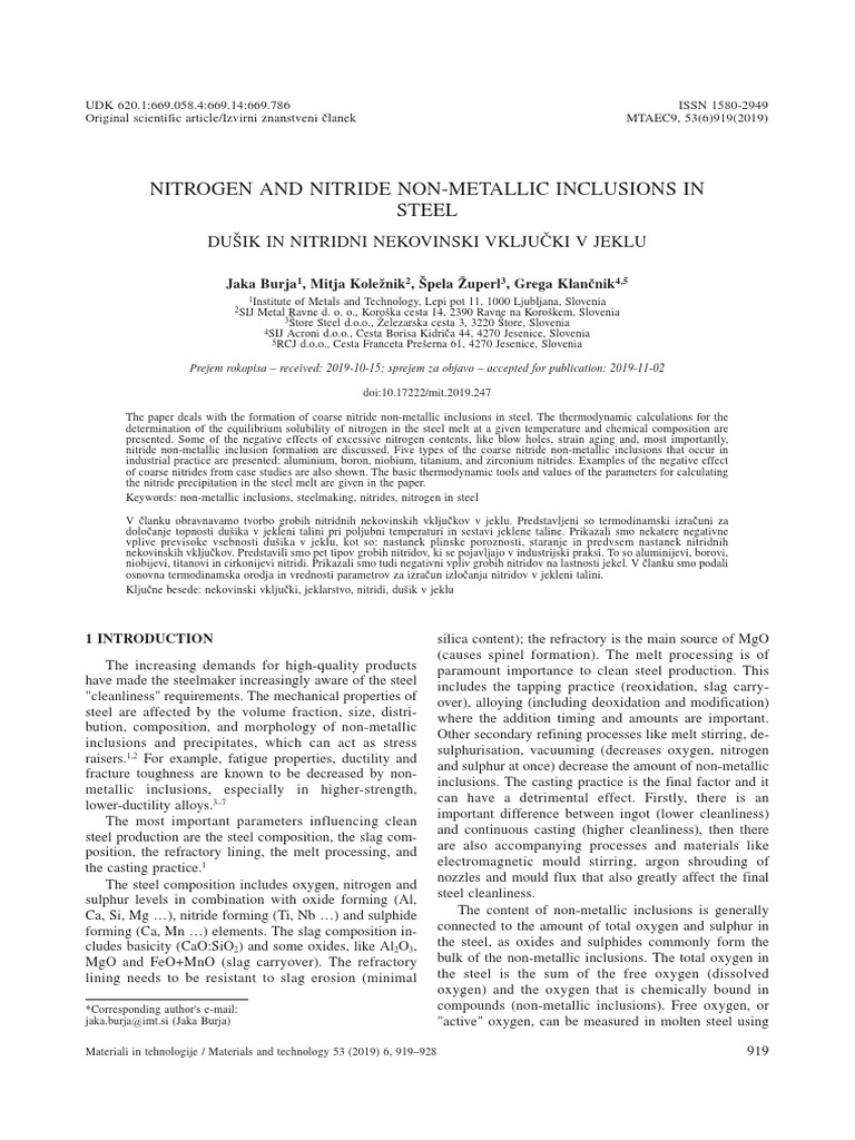 Nitrogen and Nitride Non-Metallic Inclusions in Steel | PDF | Steel ...