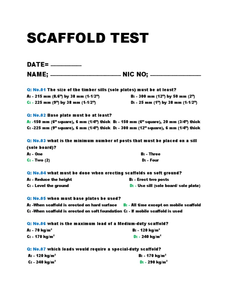Scaffolders Test 70 Questions | PDF