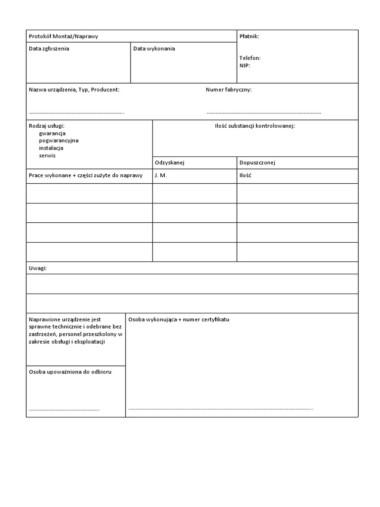 Protokół Montaż-Naprawa | PDF