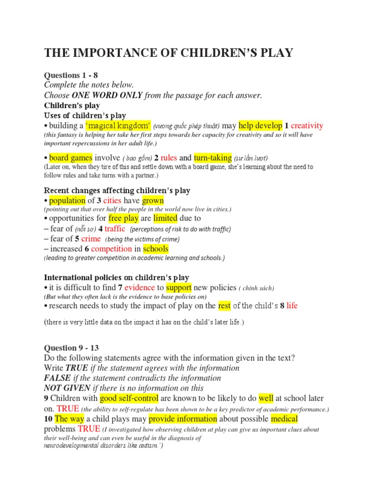 The Importance of Children'S Play: Questions 1 | PDF