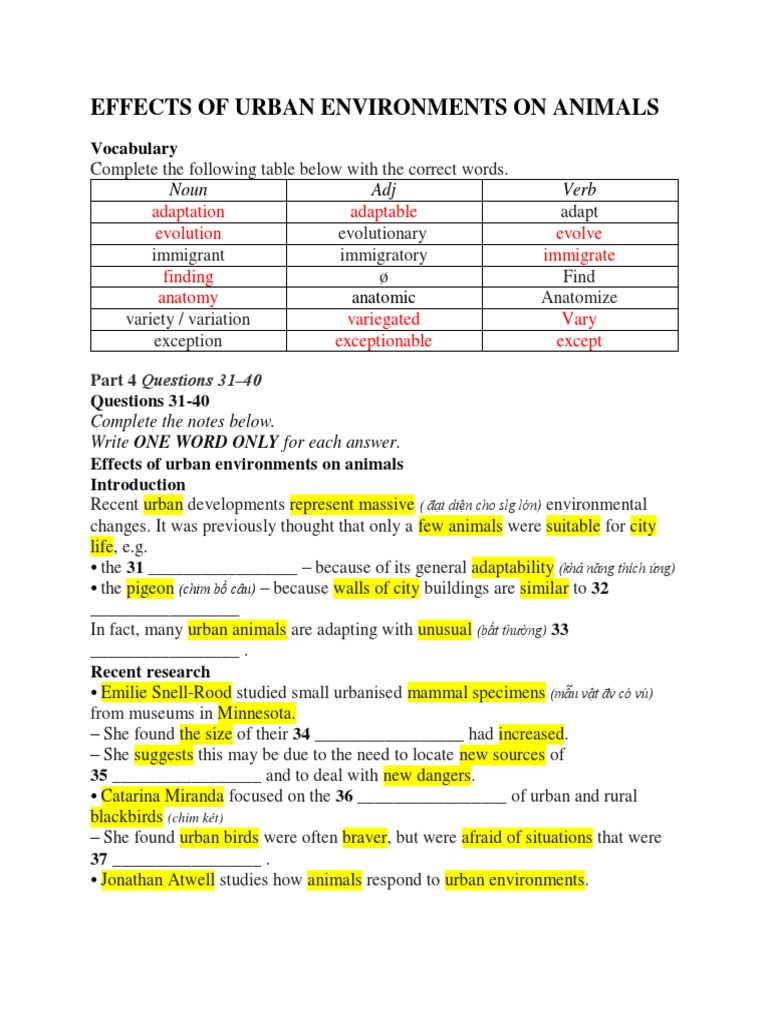 Effects of Urban Environments On Animals: Vocabulary | PDF