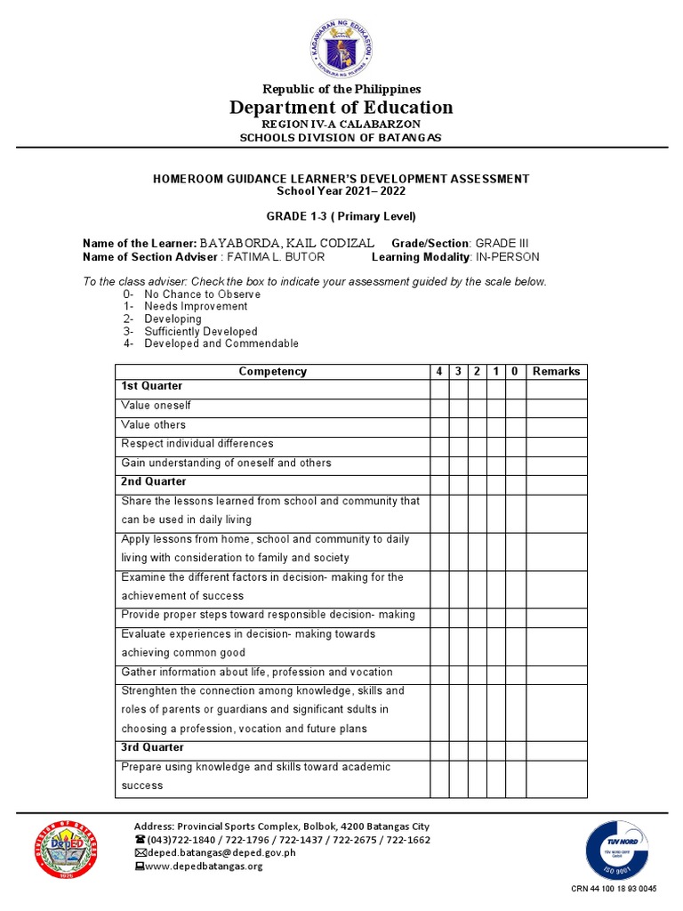 Homeroom Guidance Learner Assessment Form | PDF | Social Science | Wellness