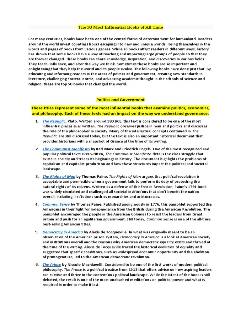 The 50 Most Influential Books of All Time LET | PDF