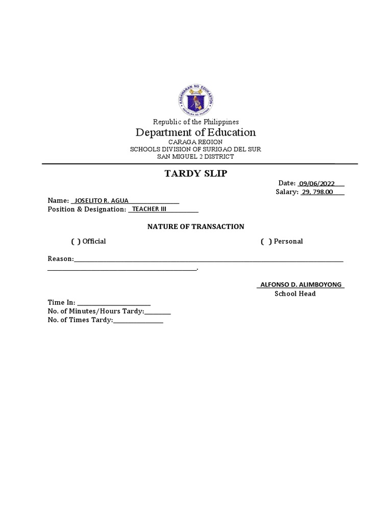 Tardy Slip Documentation Form | PDF | Philippines
