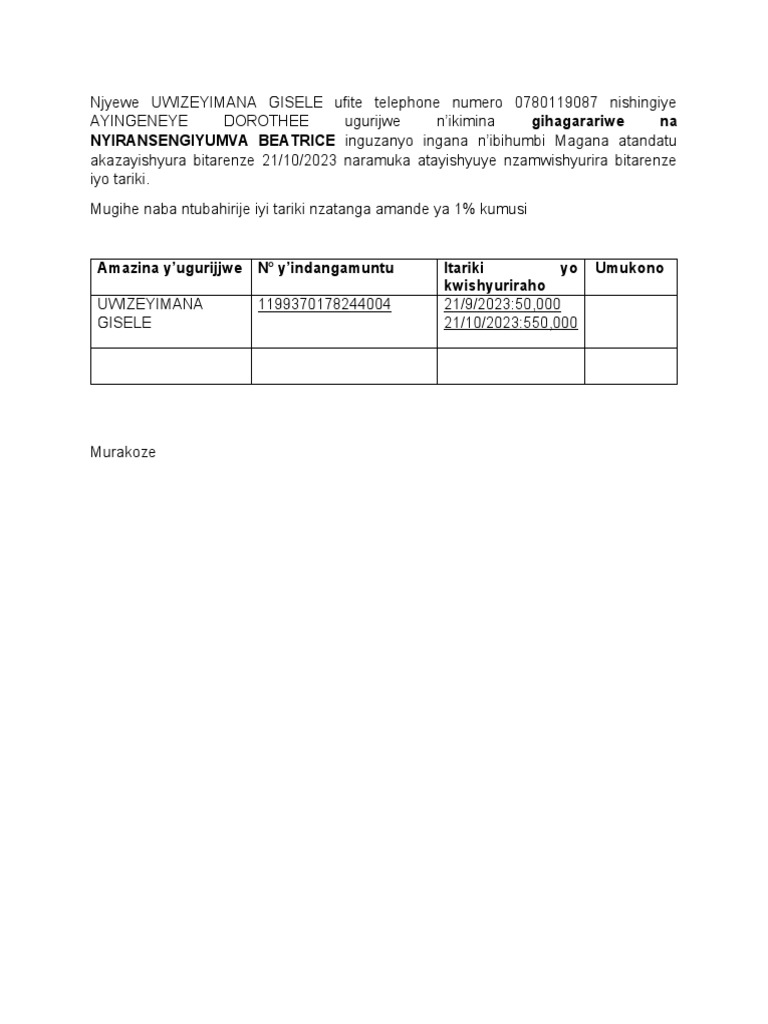 Ibaruwa Isaba Inguzanyo Betty | PDF