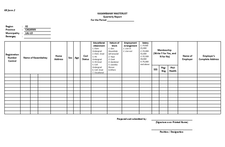 KR Form 2_Kasambahay Masterlist | PDF
