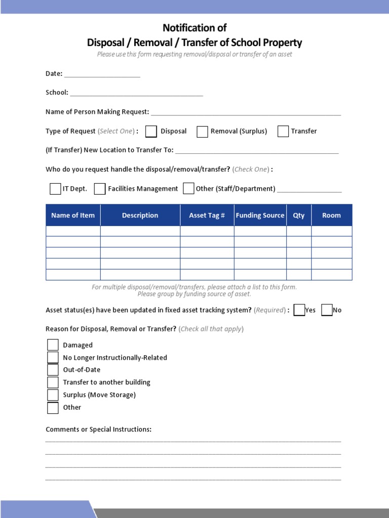 Disposal Removal Transfer Fillable Form Divot Assets | PDF