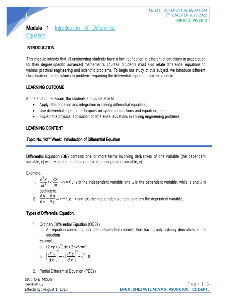 Module1 Topic1 Week2 Differential Equation | PDF | Equations | Differential Equations