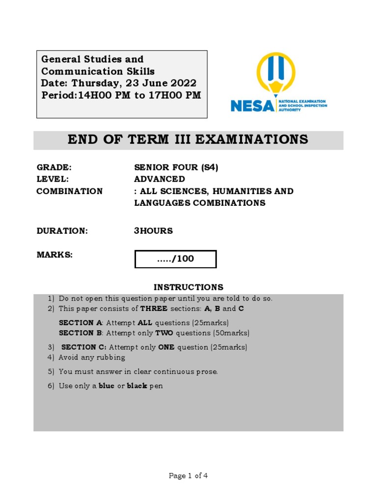 S4 Term III Exam: General Studies | PDF