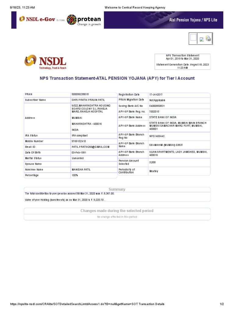 NPS Transaction Statement for APY Account | PDF | Banks | Social ...