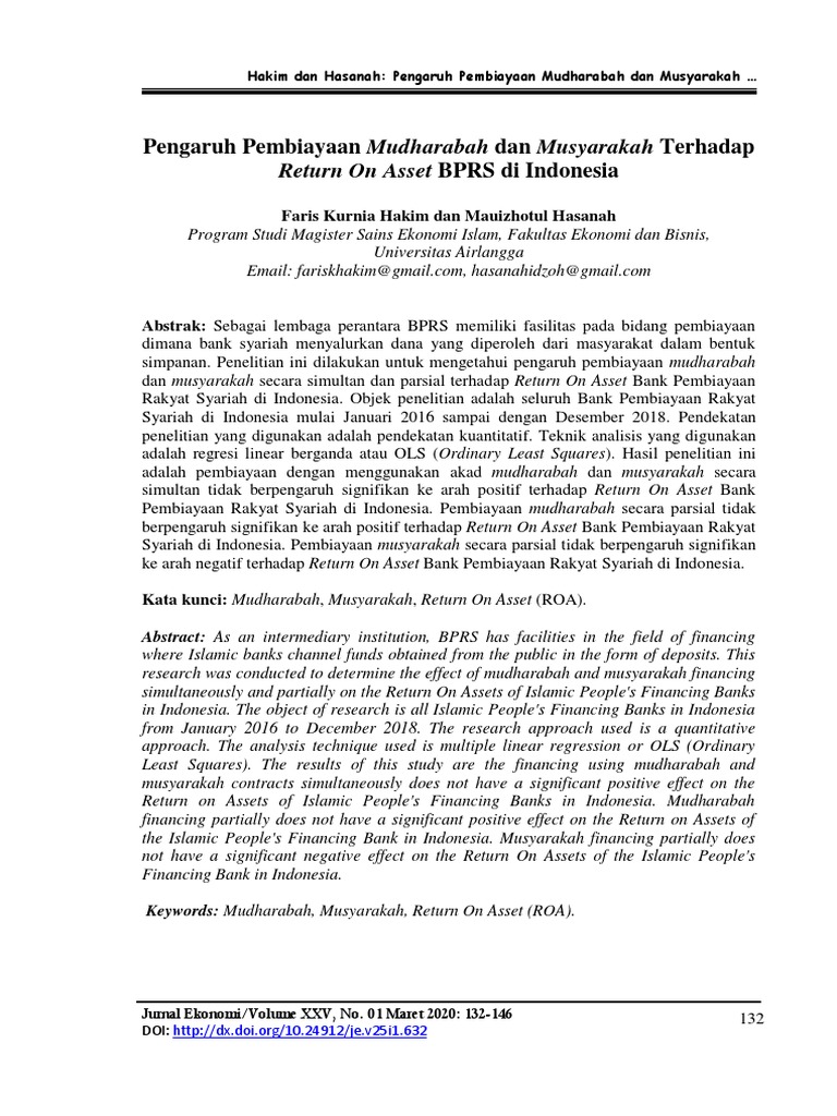 Hasanah, Hakim - 2020 - Pengaruh Pembiayaan Mudharabah Dan Musyarakah Terhadap Return On Asset ...