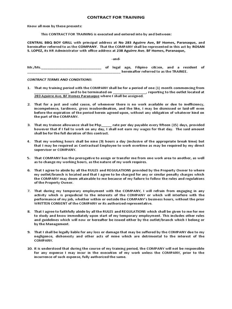 Training Contract Agreement Template | PDF
