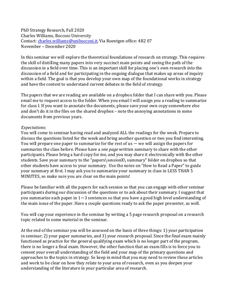 Bocconi Strategy Doctoral Seminar Syllabus | PDF
