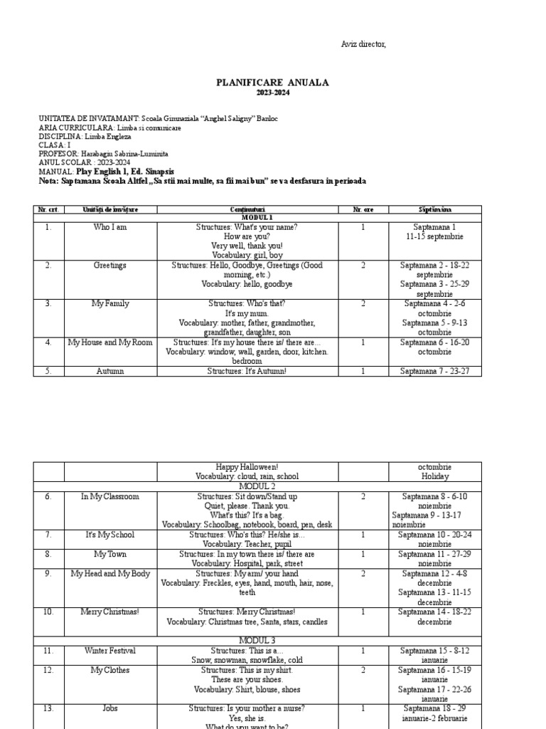 01. Planificare Sinapsis I (anuala, calendaristica, unitati) | PDF