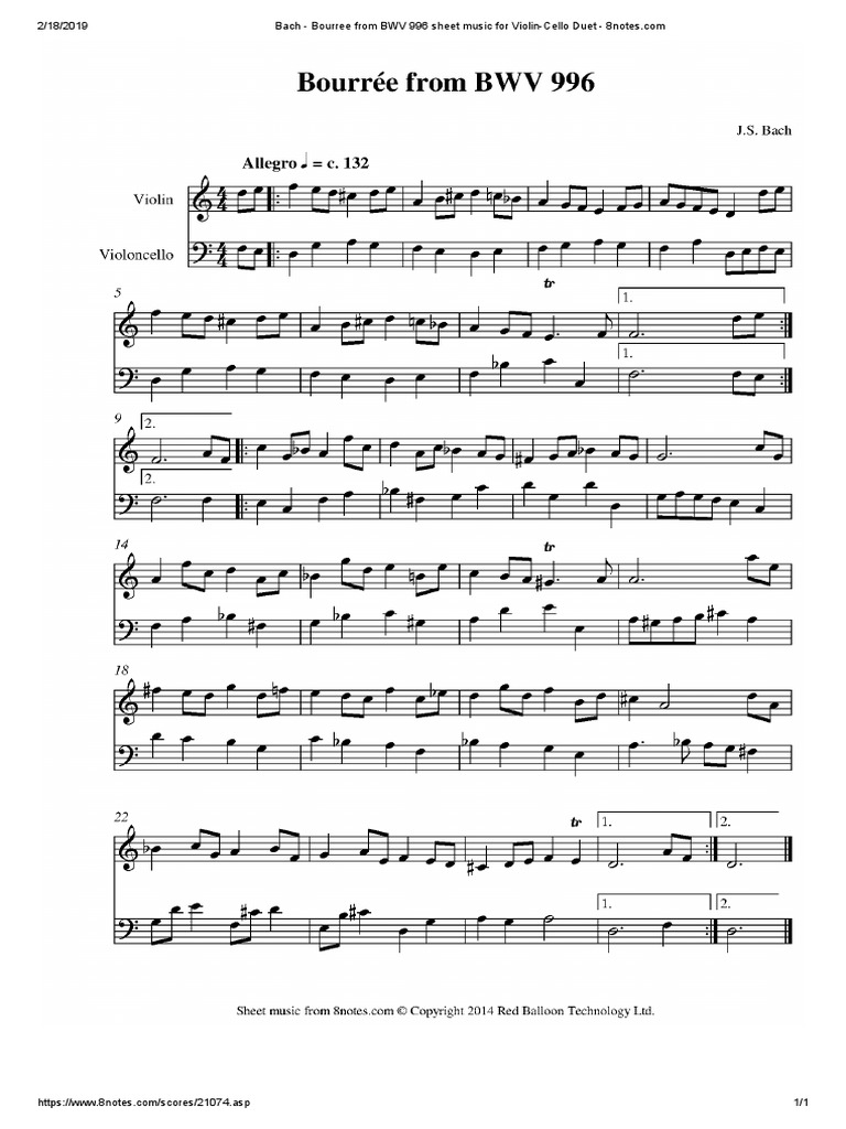 Bach - Bourree From BWV 996 Sheet Music For Violin-Cello Duet | PDF