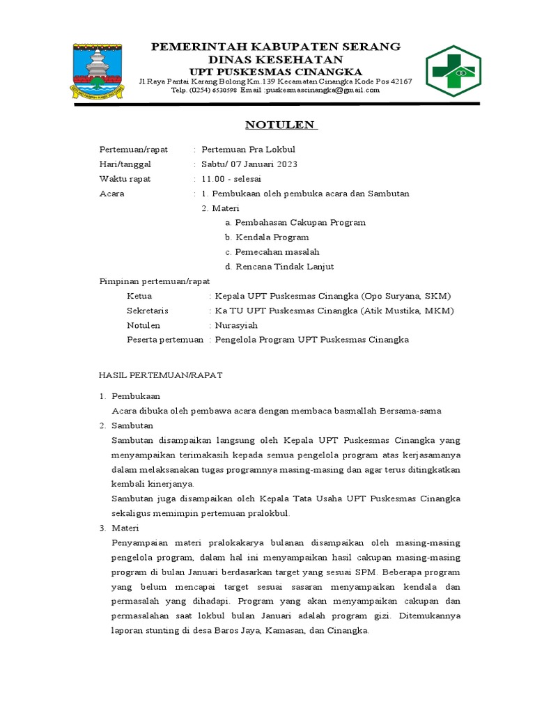 Notulen Pertemuan Pra Lokbul Puskesmas Cinangka | PDF | Karier & Perkembangan | Kesehatan Holistik